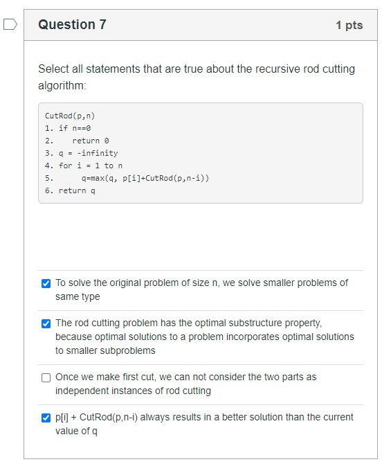 Solved Question 8 1 pts The recursive solution to CutRod in | Chegg.com