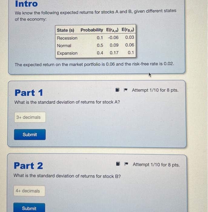 Solved We know the following expected returns for stocks A | Chegg.com