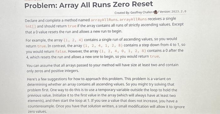 Solved Problem: Array All Runs Zero Reset Created By: | Chegg.com