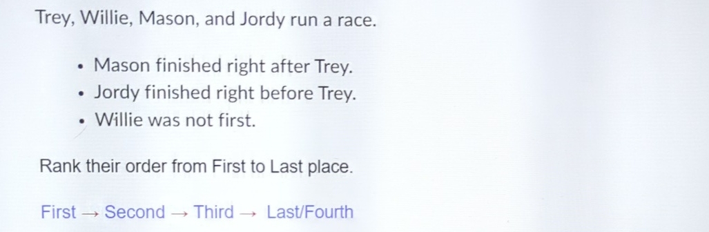 [Solved]: Trey, Willie, Mason, and Jordy run a race. Mason f