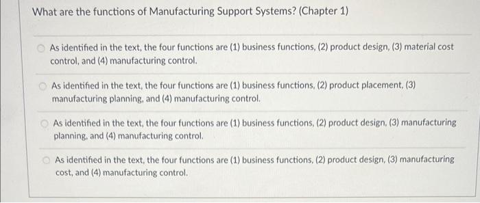 Solved What are the functions of Manufacturing Support | Chegg.com