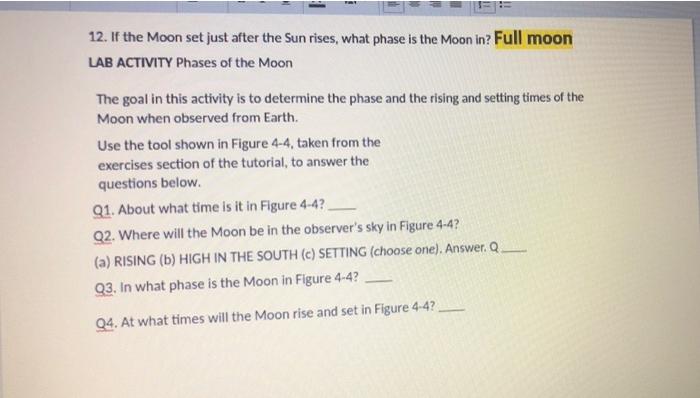 Solved 04. At what times will the Moon rise and set in | Chegg.com