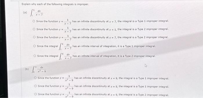 Solved Explain why each of the following integrals is | Chegg.com