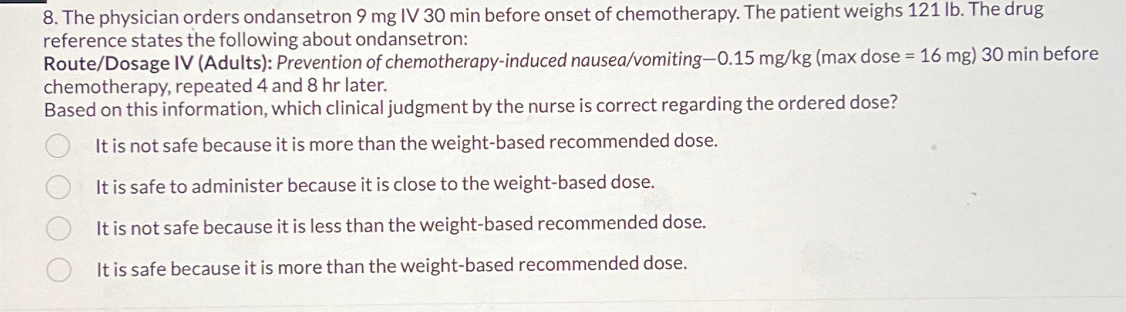 Solved The physician orders ondansetron 9mg ﻿IV 30min before | Chegg.com