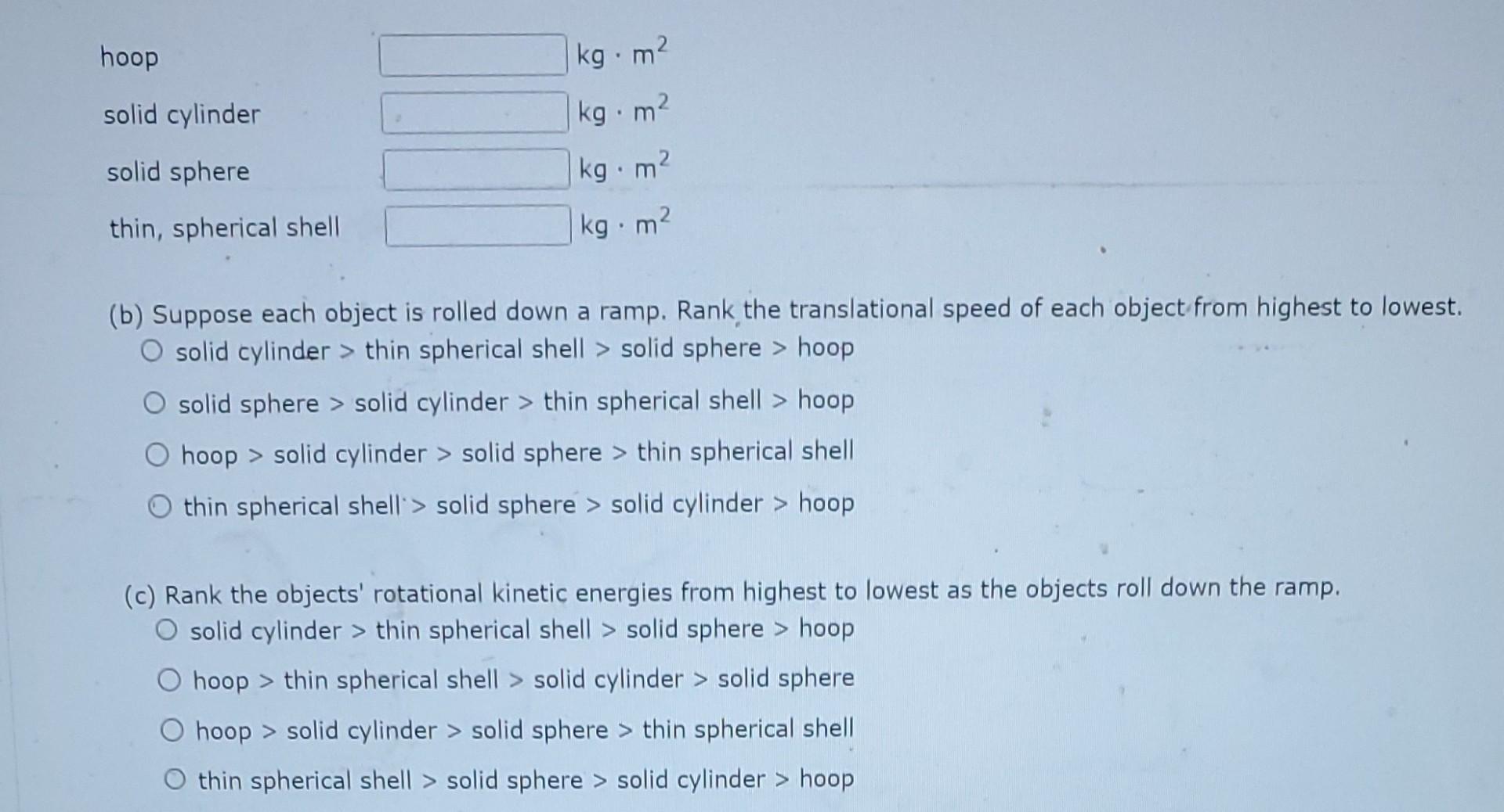 Solved Four objects-a hoop, a solid cylinder, a solid | Chegg.com