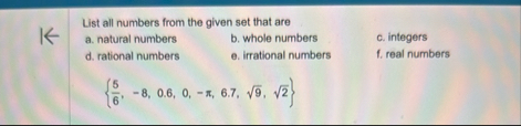 Solved List all numbers from the given set that area. | Chegg.com