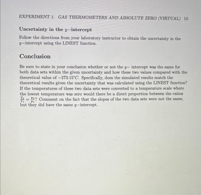 Solved Experiment 1 Gas Thermometers and Absolute Zero | Chegg.com