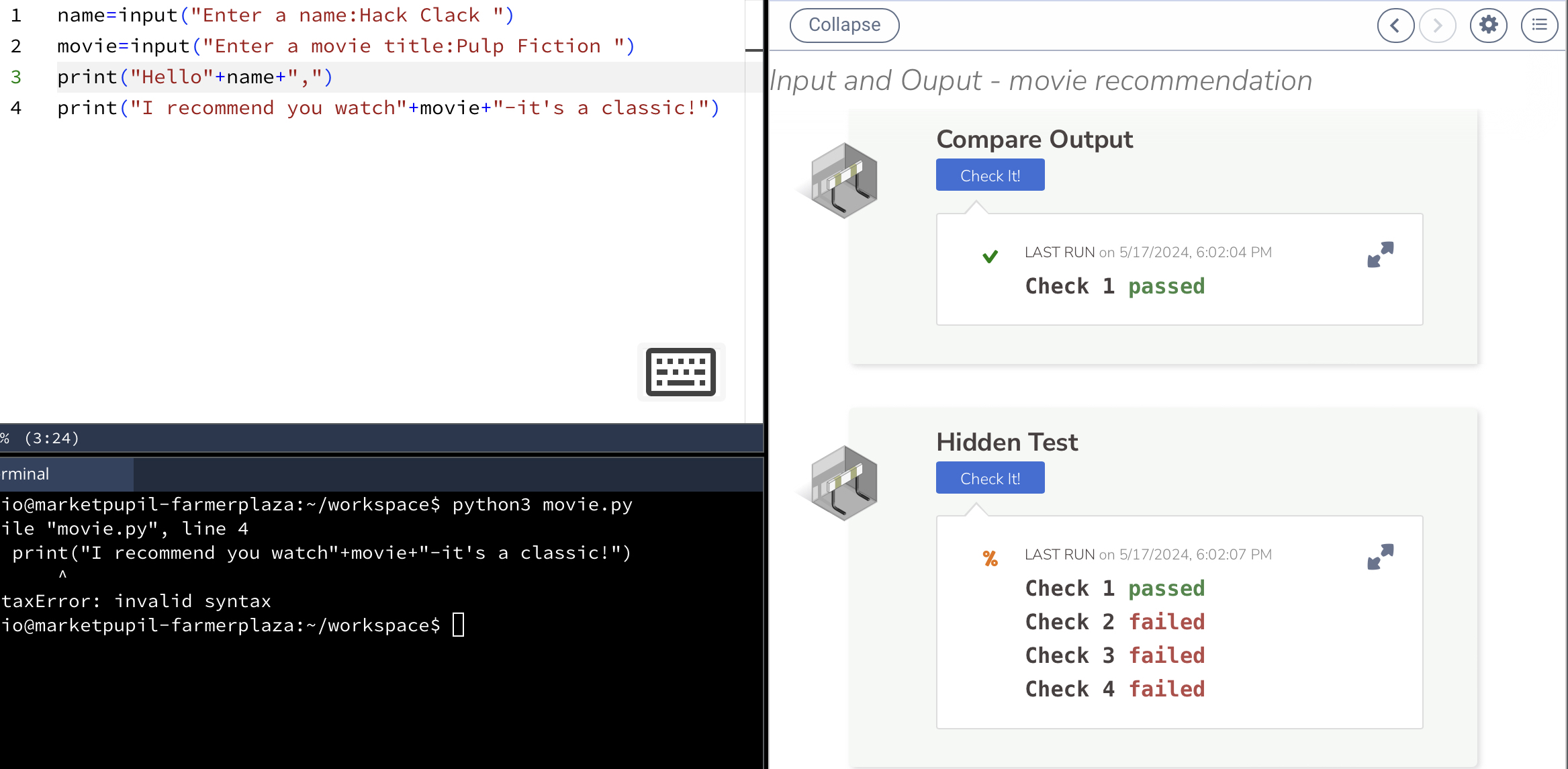 Solved 1 ﻿name=input("Enter a name:Hack Clack ")2 | Chegg.com