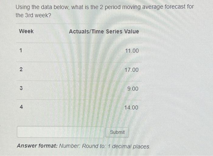 Solved Using the data below, what is the 2 period moving | Chegg.com