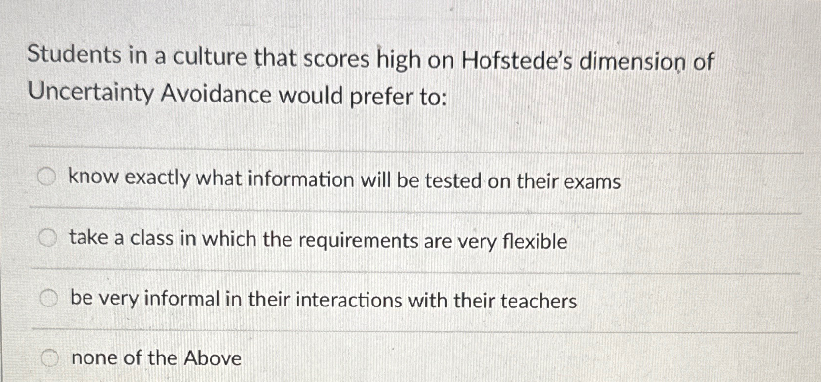 Solved Students in a culture that scores high on Hofstede's | Chegg.com
