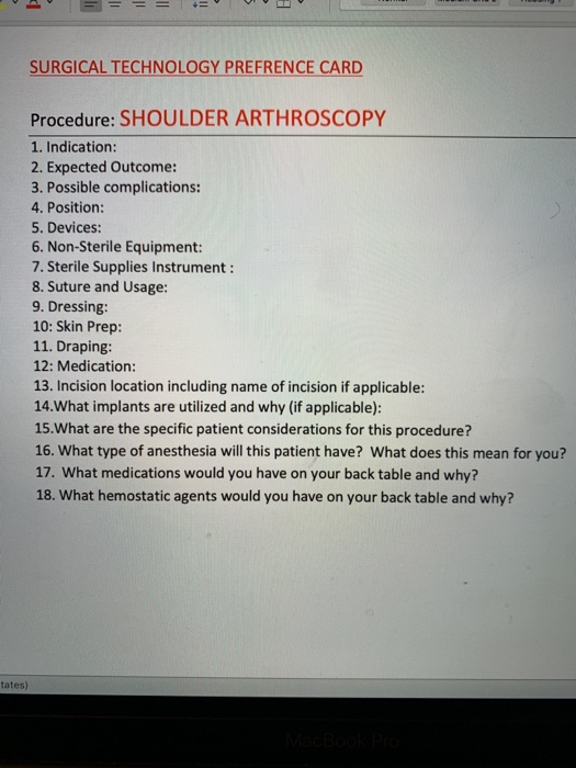 Solved SURGICAL TECHNOLOGY PREFRENCE CARD Procedure: | Chegg.com