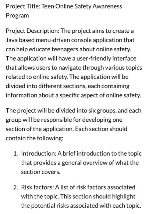 Solved Project Title: Teen Online Safety Awareness Program | Chegg.com