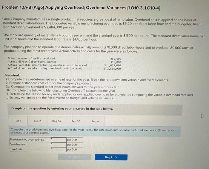 Solved Problem 10A-8 (Algo) Applying Overhead; Overhead | Chegg.com