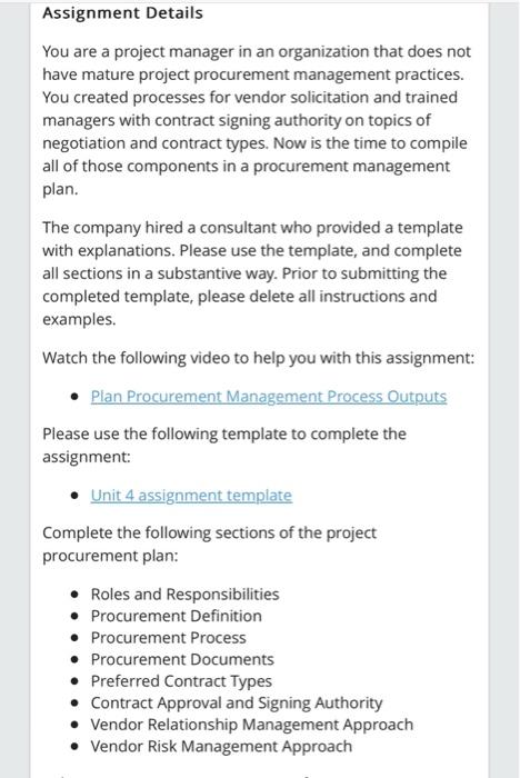Solved Assignment Details You are a project manager in an | Chegg.com
