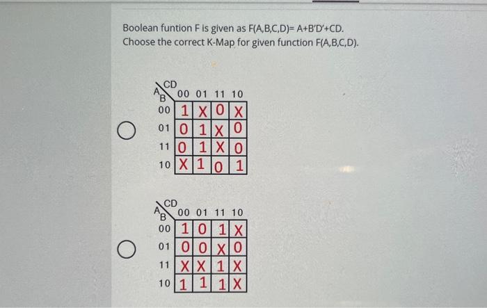Solved Boolean funtion F is given as F(A,B,C,D)=A+B′D′+CD. | Chegg.com