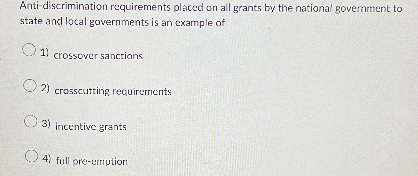 Solved Anti-discrimination requirements placed on all grants | Chegg.com