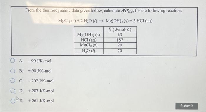 Solved From the thermodynamic data given below, calculate | Chegg.com