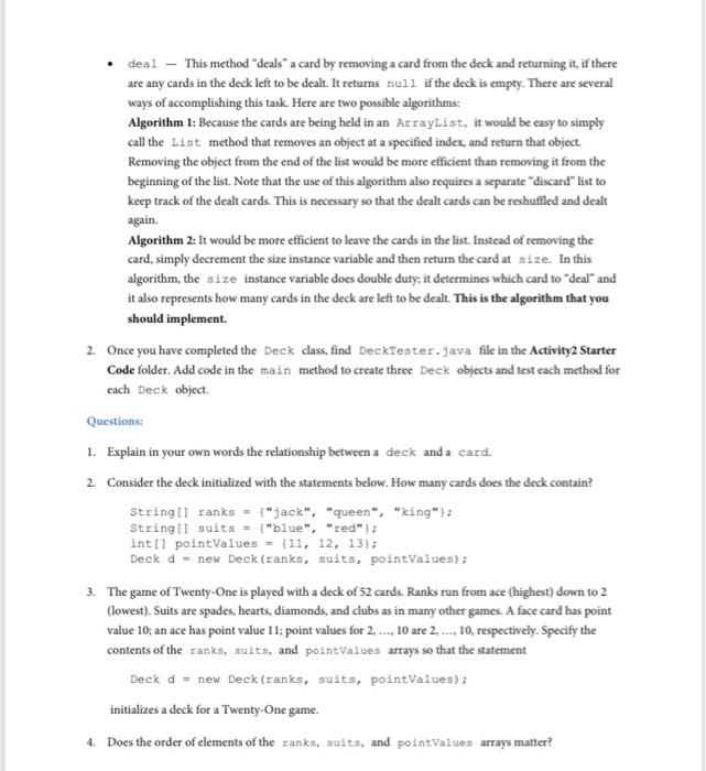 Solved Activity 2: Initial Design of a Deck Class | Chegg.com