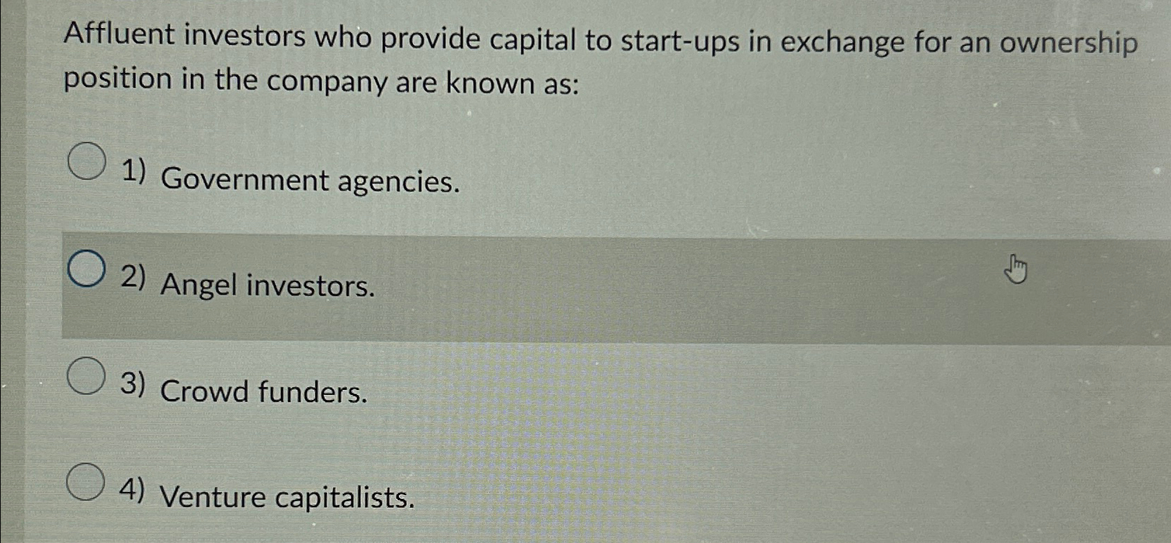Solved Affluent investors who provide capital to start-ups | Chegg.com