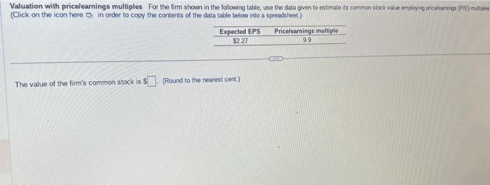 Solved Valuation with pricelearnings multiples For the firm | Chegg.com