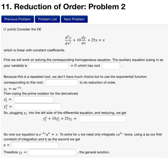 Solved 11. Reduction of Order: Problem 2 Previous Problem | Chegg.com