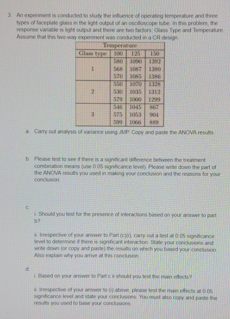 Solved Glass type 3. An experiment is conducted to study the | Chegg.com