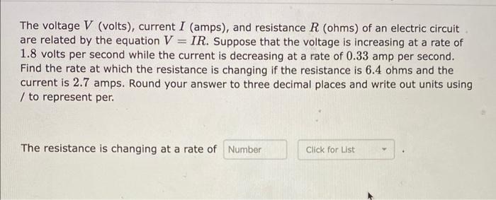 Solved The voltage V (volts), current I (amps), and | Chegg.com