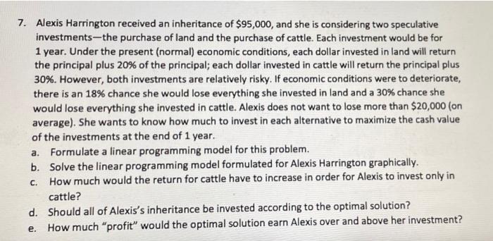 Solved 7. Alexis Harrington received an inheritance of | Chegg.com