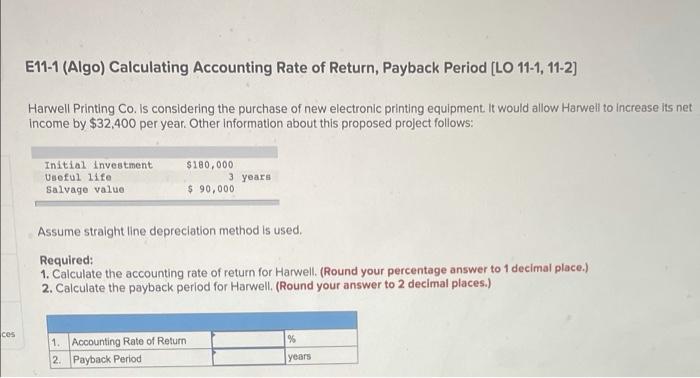 Solved E11-1 (Algo) Calculating Accounting Rate of Return, | Chegg.com