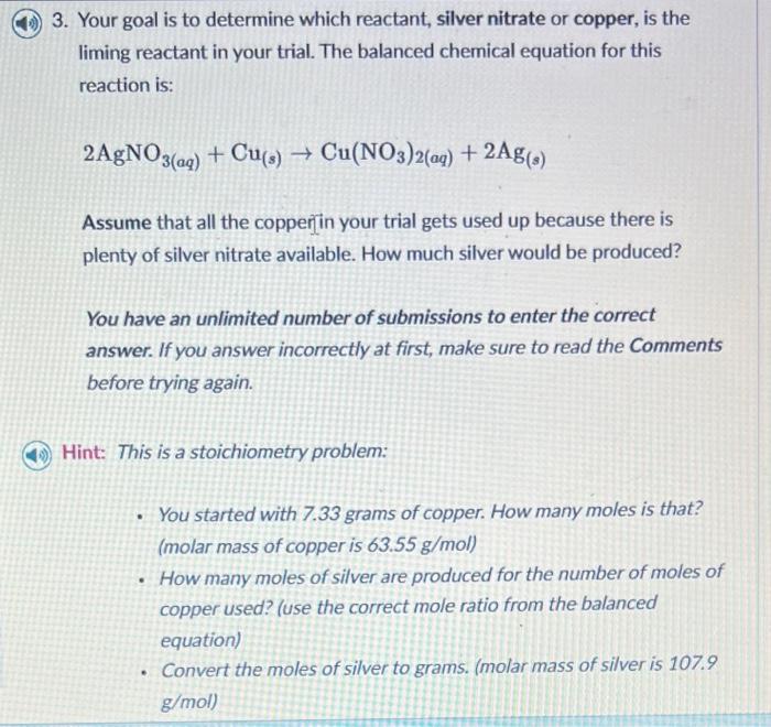 Solved 3. Your goal is to determine which reactant, silver | Chegg.com