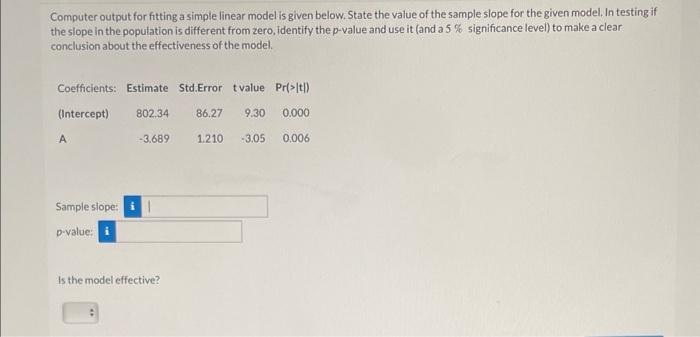 Solved Computer output for fitting a simple linear model is | Chegg.com