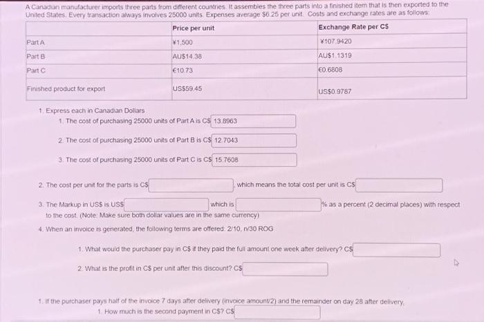 Solved A Canadian manufacturer imports three parts from | Chegg.com