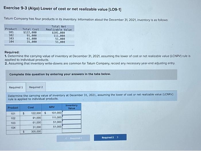Solved Exercise 9-3 (Algo) Lower of cost or net realizable | Chegg.com