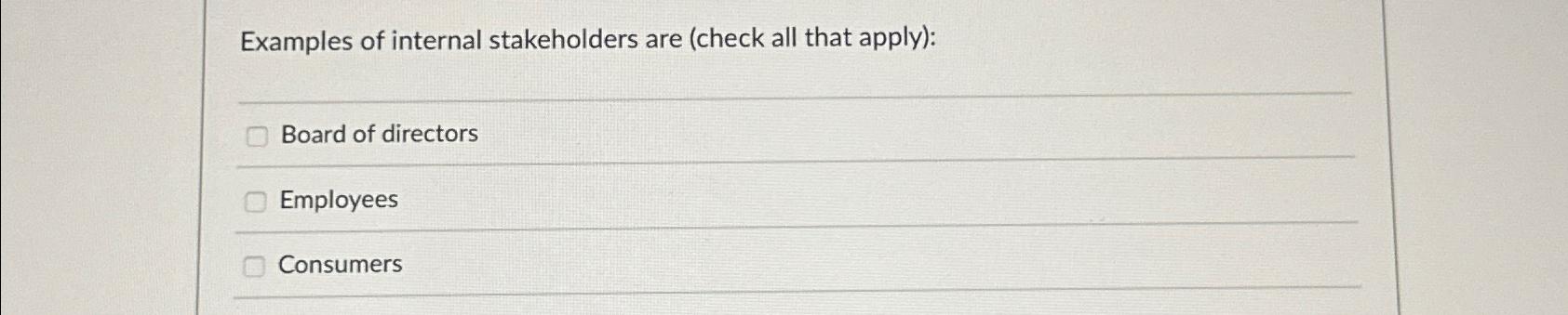 Solved Examples of internal stakeholders are (check all that | Chegg.com