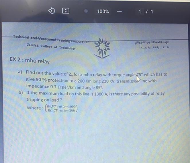 Solved EX 2: mho relay a) Find out the value of Zn for a mho | Chegg.com