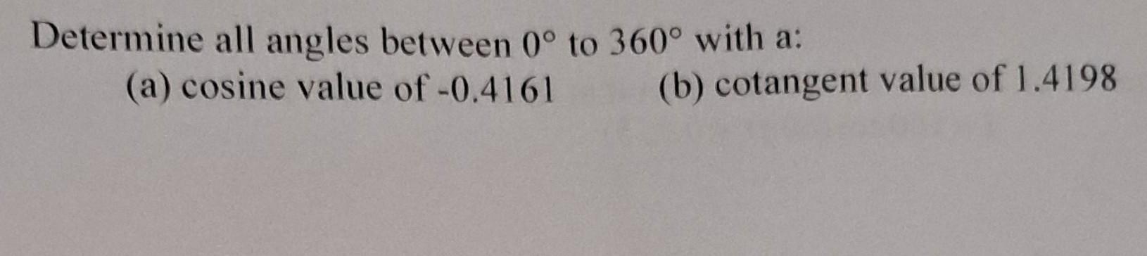 Solved Determine all angles between 0∘ to 360∘ with a: (a) | Chegg.com