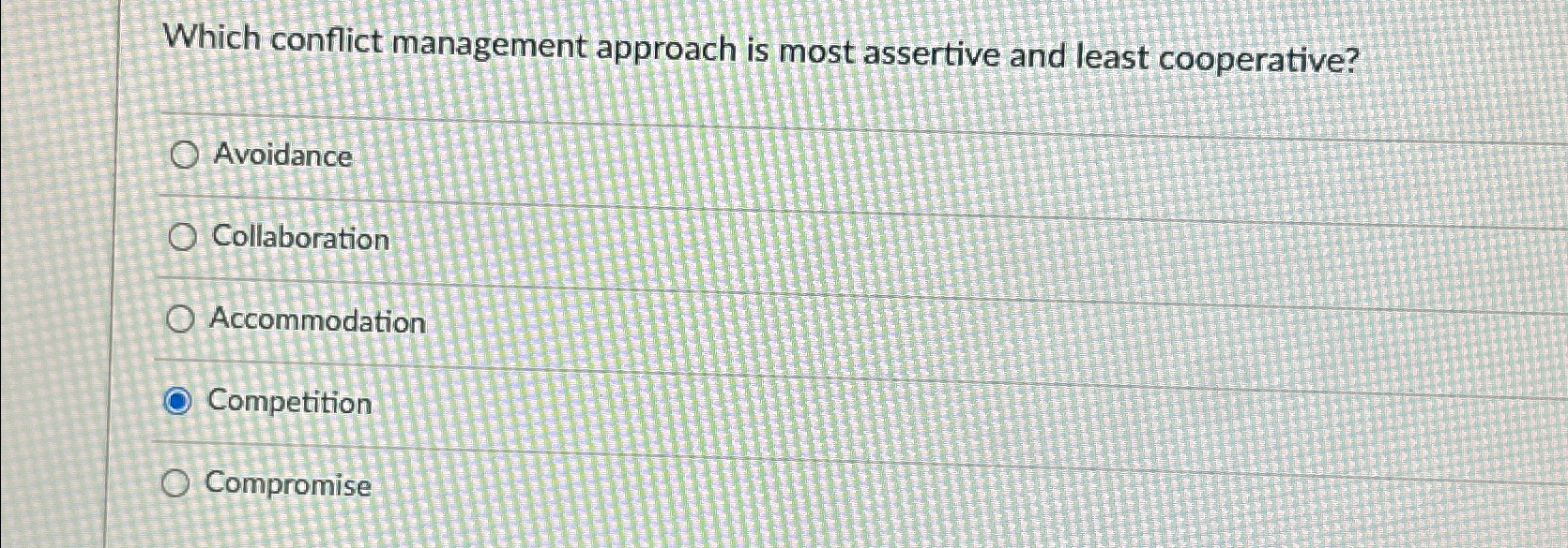 Solved Which conflict management approach is most assertive | Chegg.com