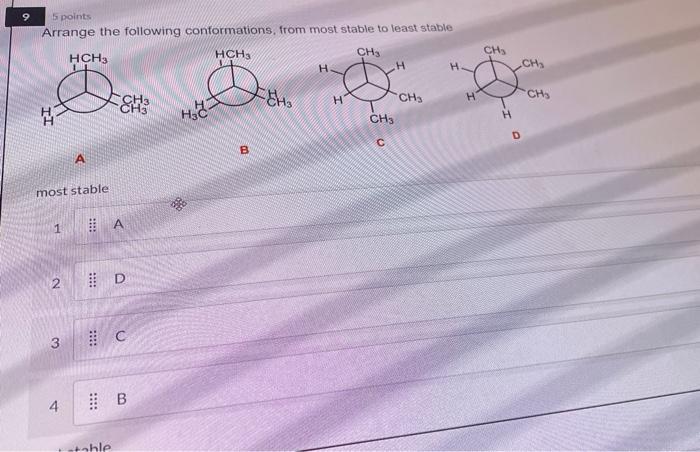 Solved 9 5 points Arrange the following conformations, from | Chegg.com