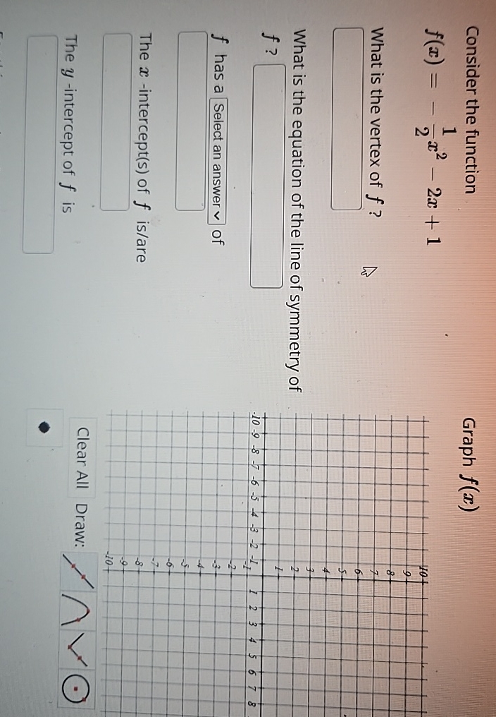 Solved Consider the functionf(x)=-12x2-2x+1What is the | Chegg.com