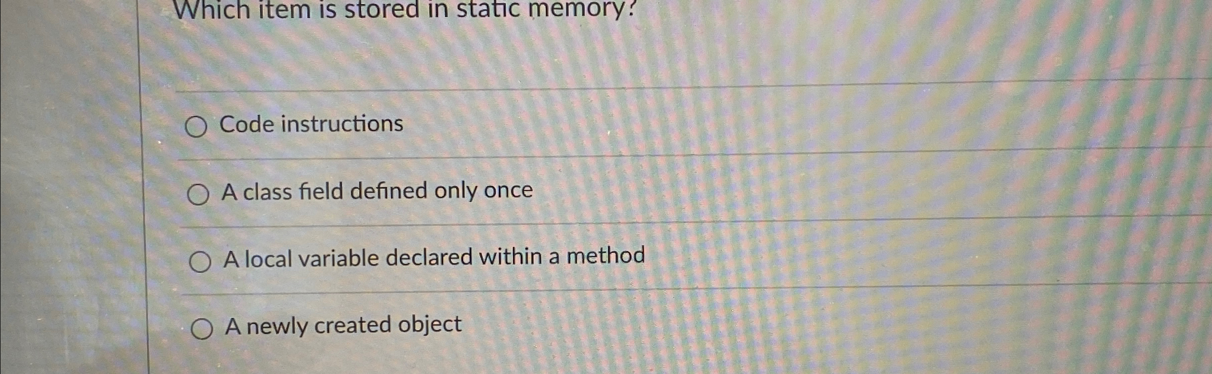 Solved Which item is stored in static memory?Code | Chegg.com