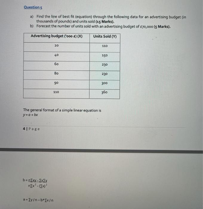 Solved Questions a) Find the line of best fit (equation) | Chegg.com
