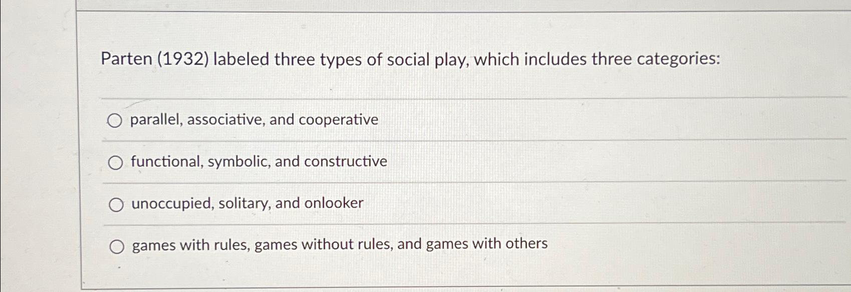Solved Parten (1932) ﻿labeled three types of social play, | Chegg.com