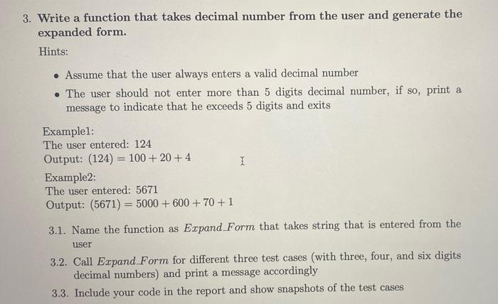 Solved Write a function that takes decimal number from the | Chegg.com