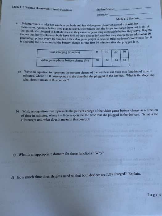 Solved Math 112 Written Homework: Linear Functions Student | Chegg.com