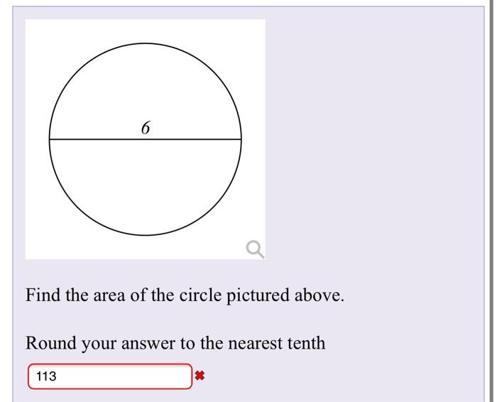 Solved 6 Find the area of the circle pictured above. Round | Chegg.com