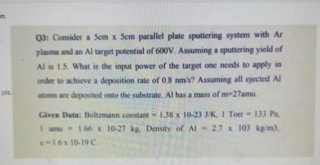 Solved Q3: Consider a 5cm x 5cm parallel plate sputtering | Chegg.com