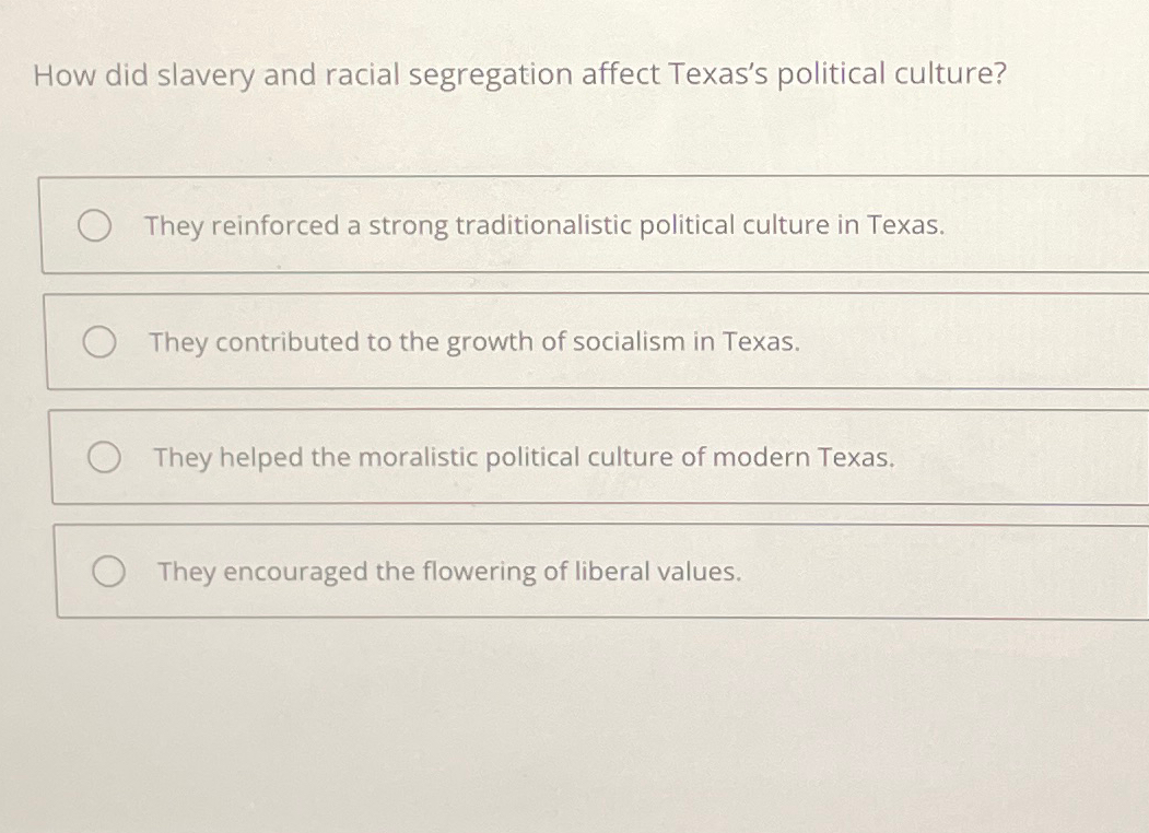Solved How did slavery and racial segregation affect Texas's | Chegg.com