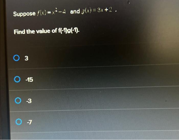 Solved Suppose f(x)=x2−4 and g(x)=3x+2. Find the value of | Chegg.com