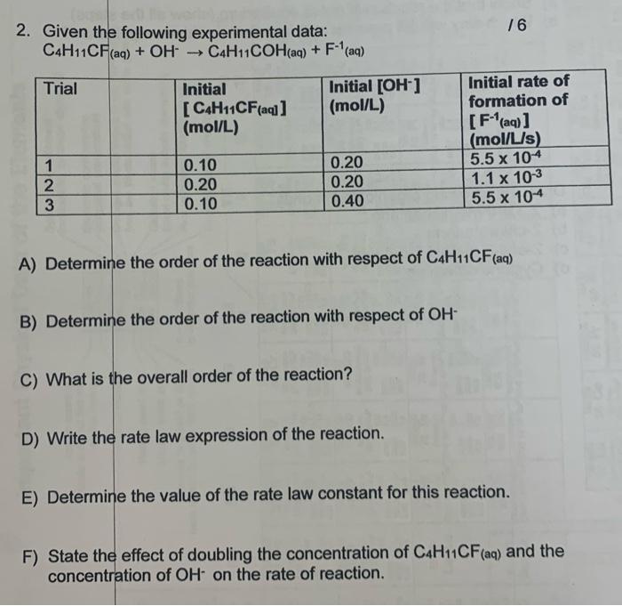 Solved 2. Given the following experimental data: 16 | Chegg.com