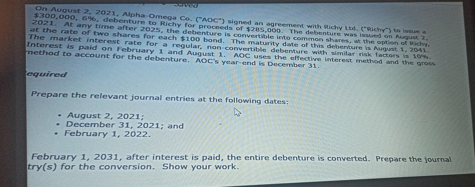 Solved saved On August 2, 2021, Alpha-Omega Co. (AOC") | Chegg.com